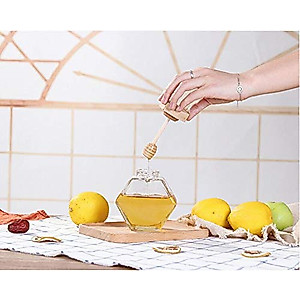 1PC 220ml Clear Glass Refillable Hexagon Shape Honey Pot Jar with Wooden Dipper Sticks and Lid Syrup Dispenser Container Empty Bottle Food Storage for Home Kitchen