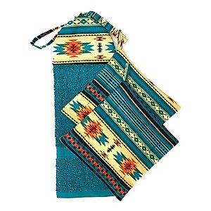 Southwest Black Teal Orange on Cream Ties On Stays Put Kitchen Bathroom Hanging Loop Hand Dish Towel and Set of 2 Square Hot Pad Pot Plate Holders Trivets Hostess Housewarming Gift
