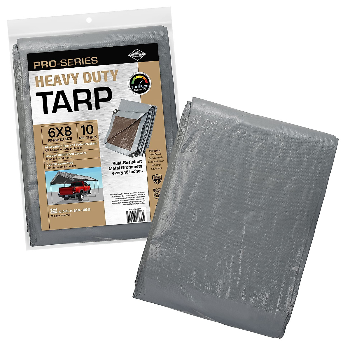 6x8 Heavy Duty Tarp, 10 Mil Thick, Waterproof, High Durability, Tear & Fade Resistant, UV Treated, Grommets Every 18 Inches (6' x '8' Feet)