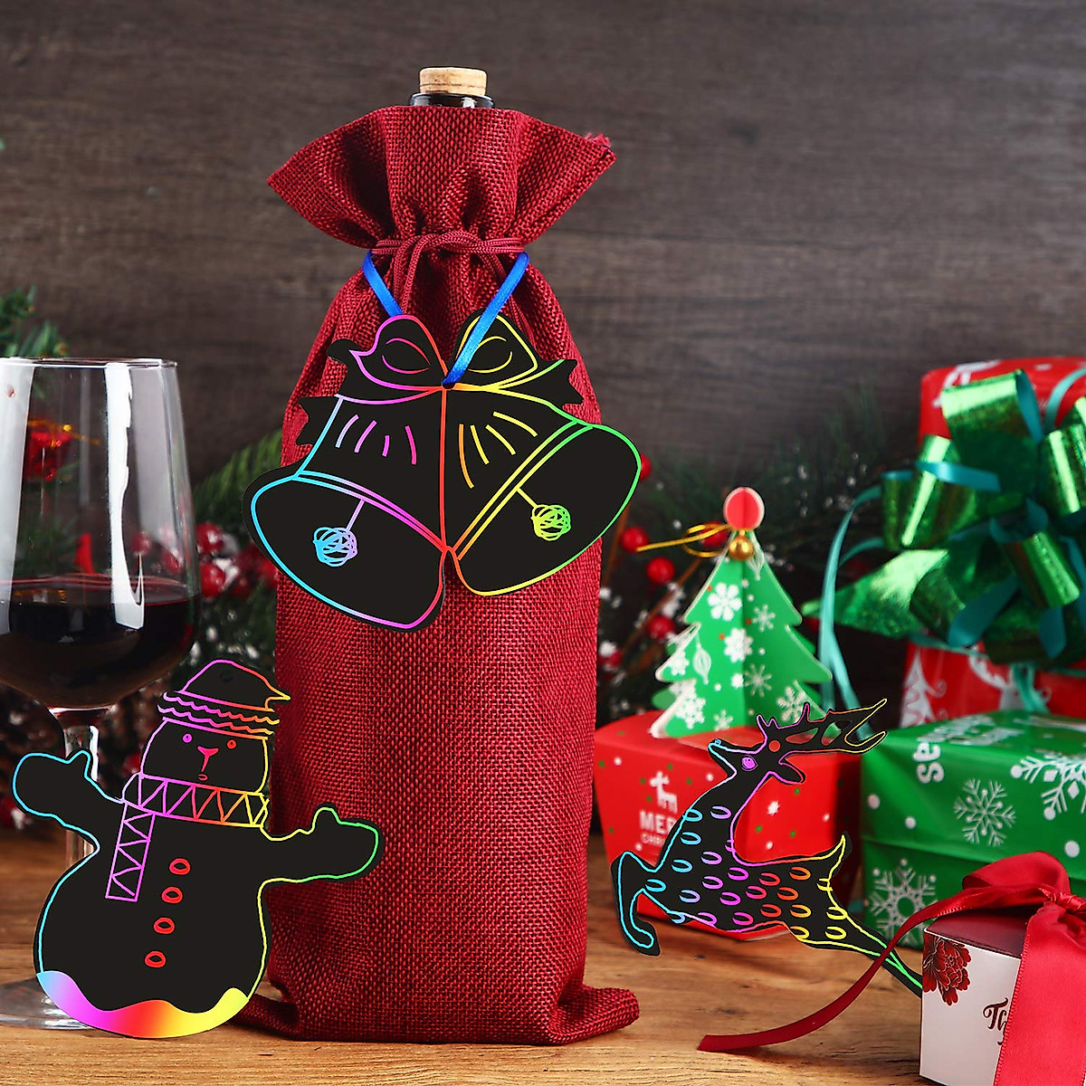 72 Pieces Christmas Scratch Ornaments Scratch Art Ornaments Scratch Paper Craft Hanging Craft Art Kits with Wooden Stick and Rope for Kids Christmas Party Decorations