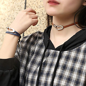 Heart Leather Bracelet for Women Stackable Wrap Cuff Bracelet Love Punk Leather Choker Necklace Valentine's Day Jewelry(Black)