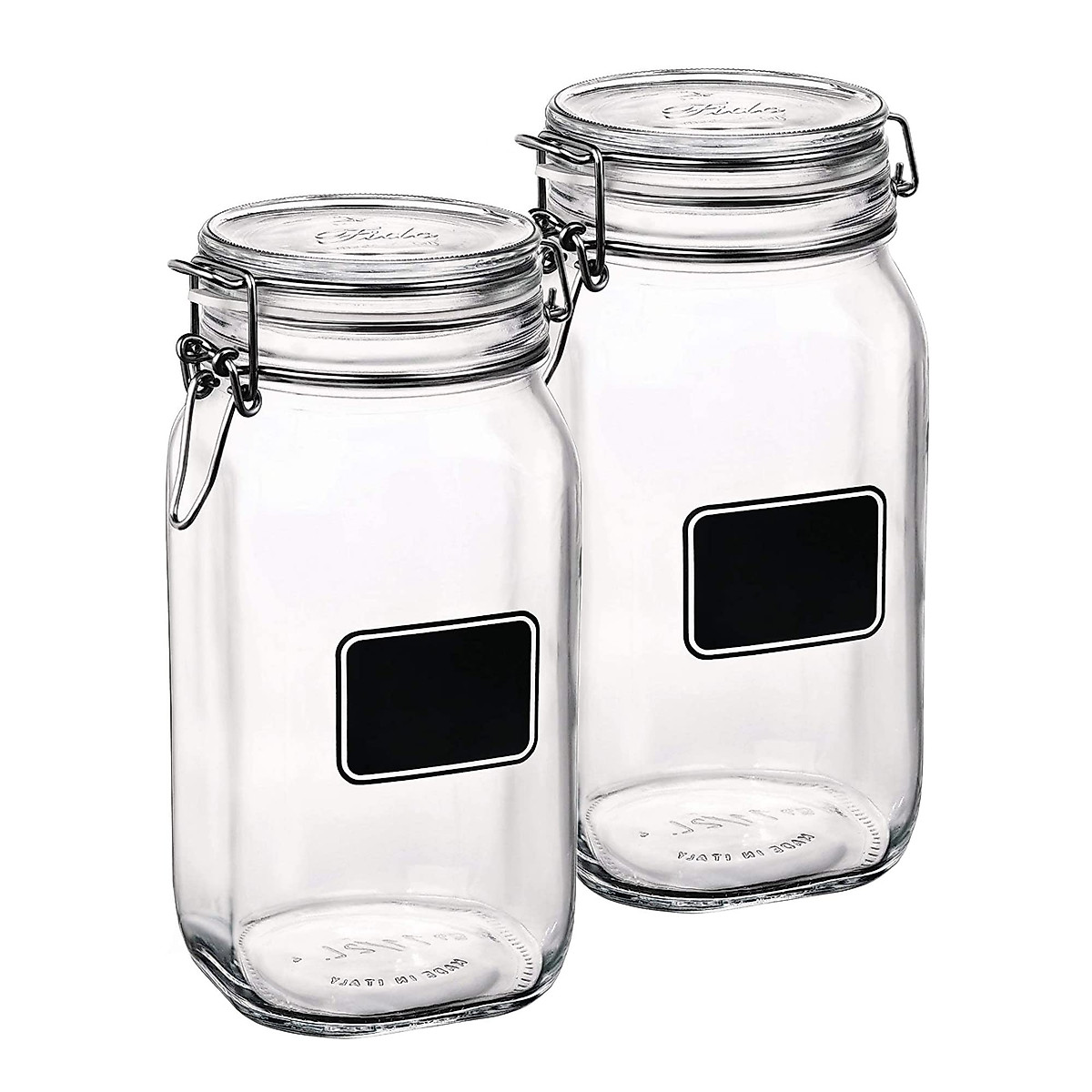 Bormioli Rocco Fido Collection, 2 Pack, 50.75 Oz. Food Storage Glass Jars, With Chalkboard, Airtight Rubber Seal & Glass Lid, With Steel Wire Clamp, Made In Italy.