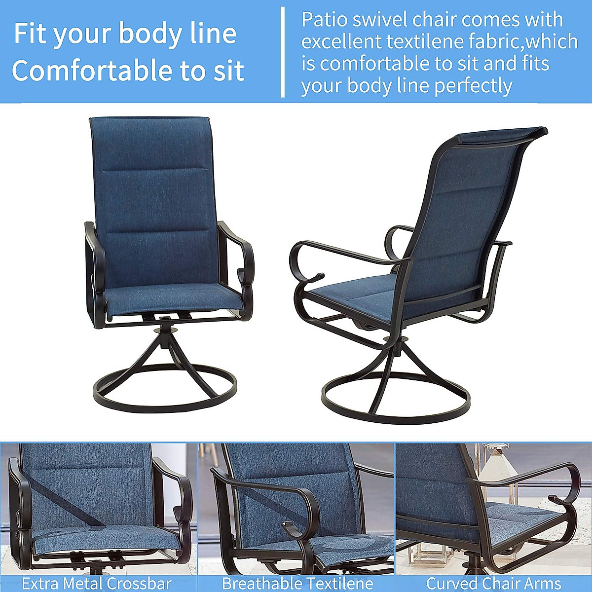 PatioFestival Patio Dining Chairs Set 4 Pieces Textilene Outdoor High Back Swivel Rockers with All Weather Frame (Blue)