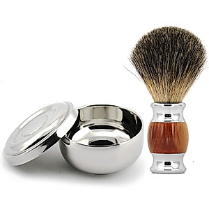 Grandslam Shaving Bowl and Brush Kit, Stainless Steel Shaving Bowl With Lid, Badger Hiar Shaving Brush, Wide Mouth, Shaving Kit For Men