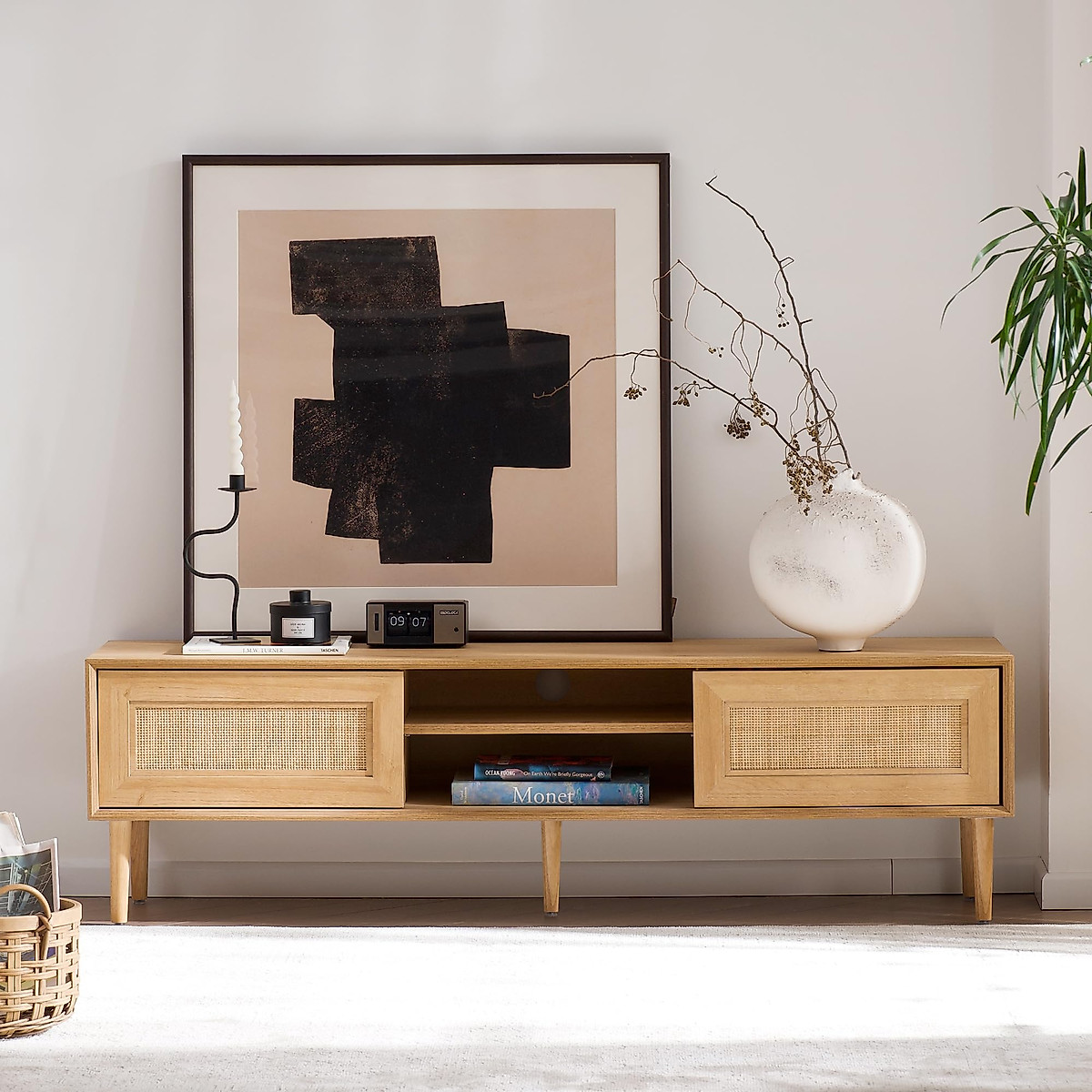 HMeeZnn Rattan TV Stand for 55 Inch TV, Mid Century Modern Entertainment Center with Storage Boho TV Console Table with 2 Cabinets for Living Room Bedroom, Natural Wood