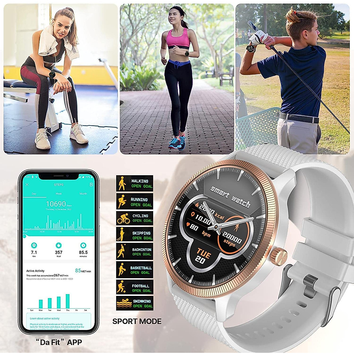 Women Smart Watch Man Heart Rate Blood Pressure,Step Counting，Information Call Reminder Health Monitor，White