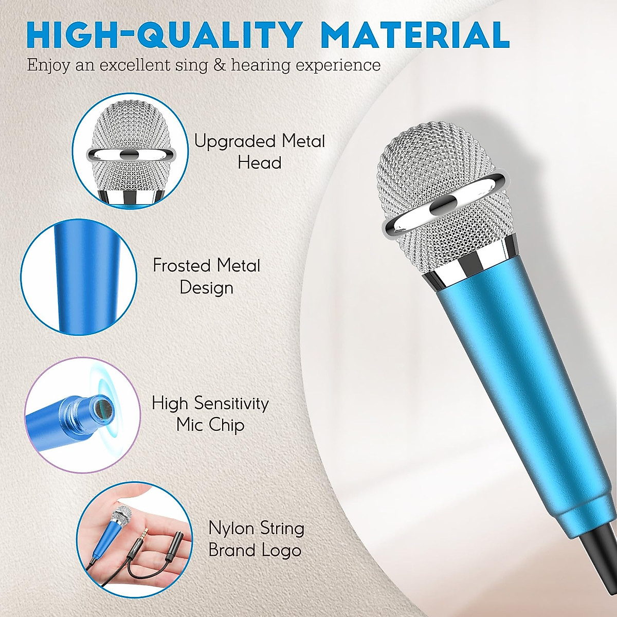 Wootrip Mini Microphone, Karaoke Tiny Microphone for Voice Recording Interview, Portable Small Singing Mic 3.5mm Plug with Stand Suitable for Android Phone,iPhone,iPad, Laptop (Blue)