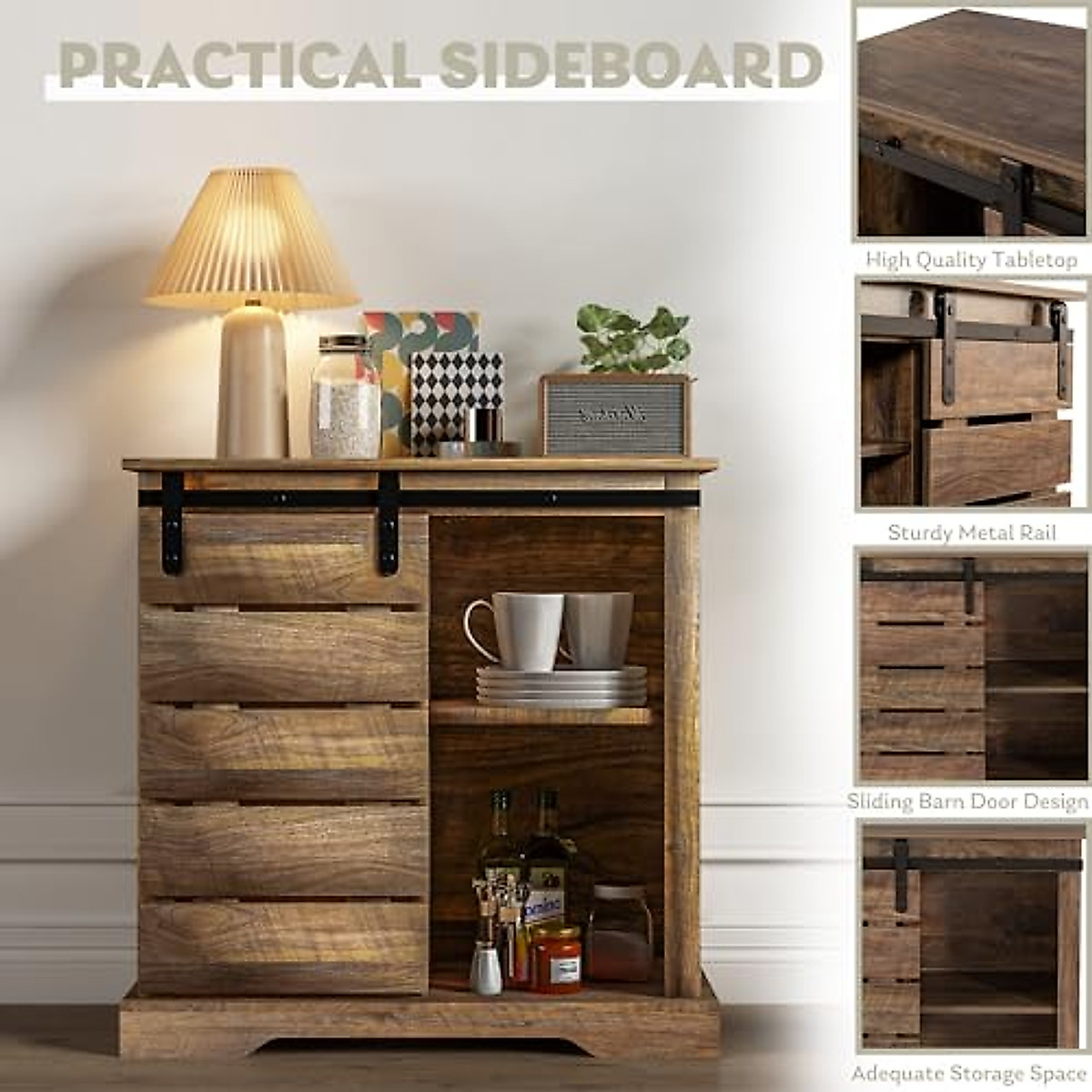 Wonder Comfort Rattan Sideboard Buffet Cabinet with 2 Open Doors, Kitchen Storage Console Table for Living, Dining Room, Bedroom, Entryway, Rustic Brown