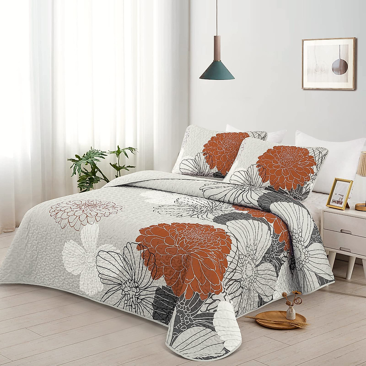 Floral Pattern Quilt Set Queen Burnt Orange Bedspread 3 Pieces Coverlet Soft Lightweight Bed Cover with 2 Pillow Shams for All Season 96"x90"