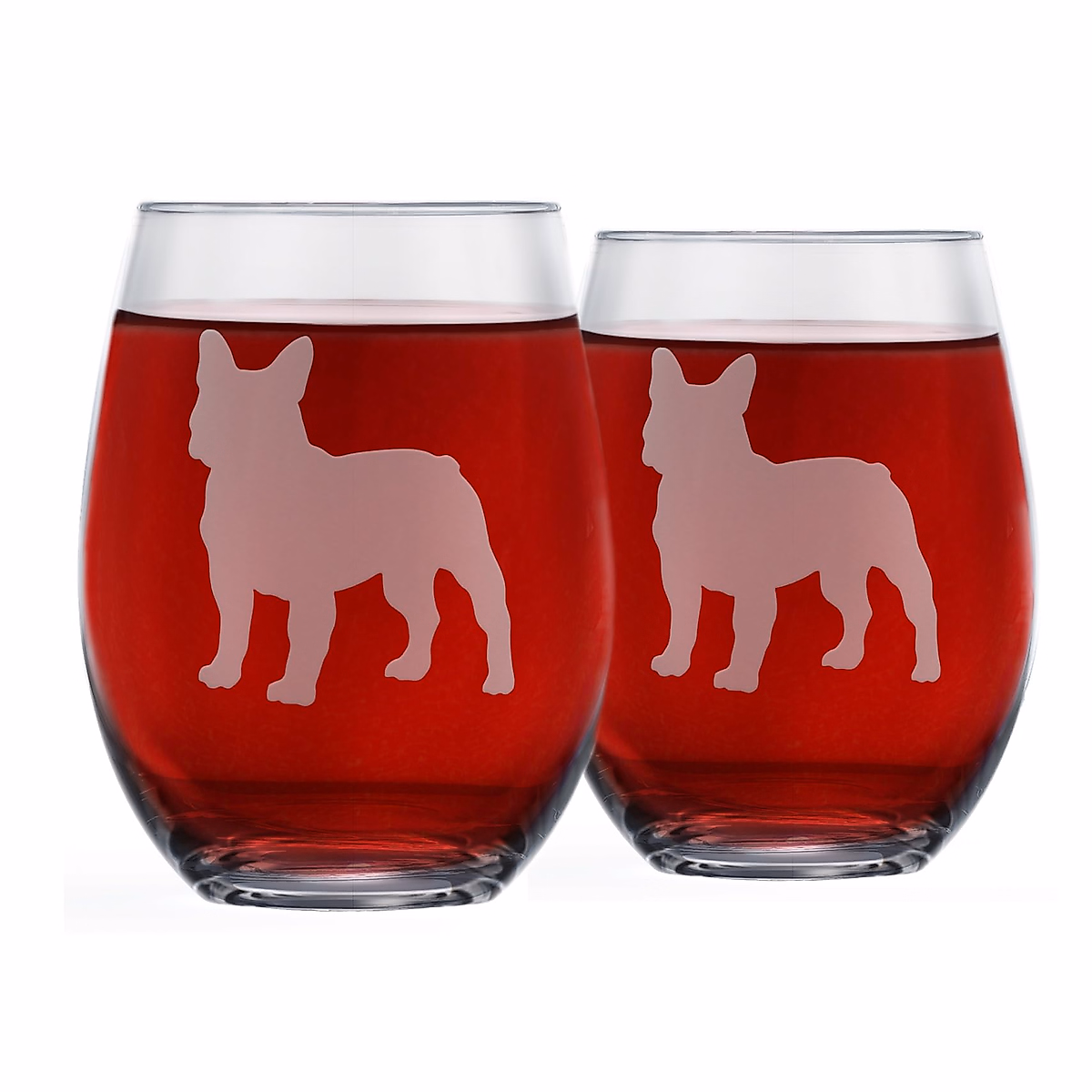 Greenline Goods French Bulldog Stemless Wine Glasses (Set of 2) - Unique for Dog Lovers - Etched 2-Sided Frenchie Silhouette with Breed Name on the Bottom