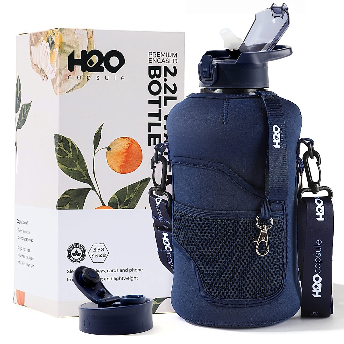 H2O Capsule 2.2L Half Gallon Water Bottle with Storage Sleeve and Removable Straw – BPA Free Large Reusable Drink Container with Handle - Big Sports Jug, 2.2 Liter (74 Ounce), Navy Blue