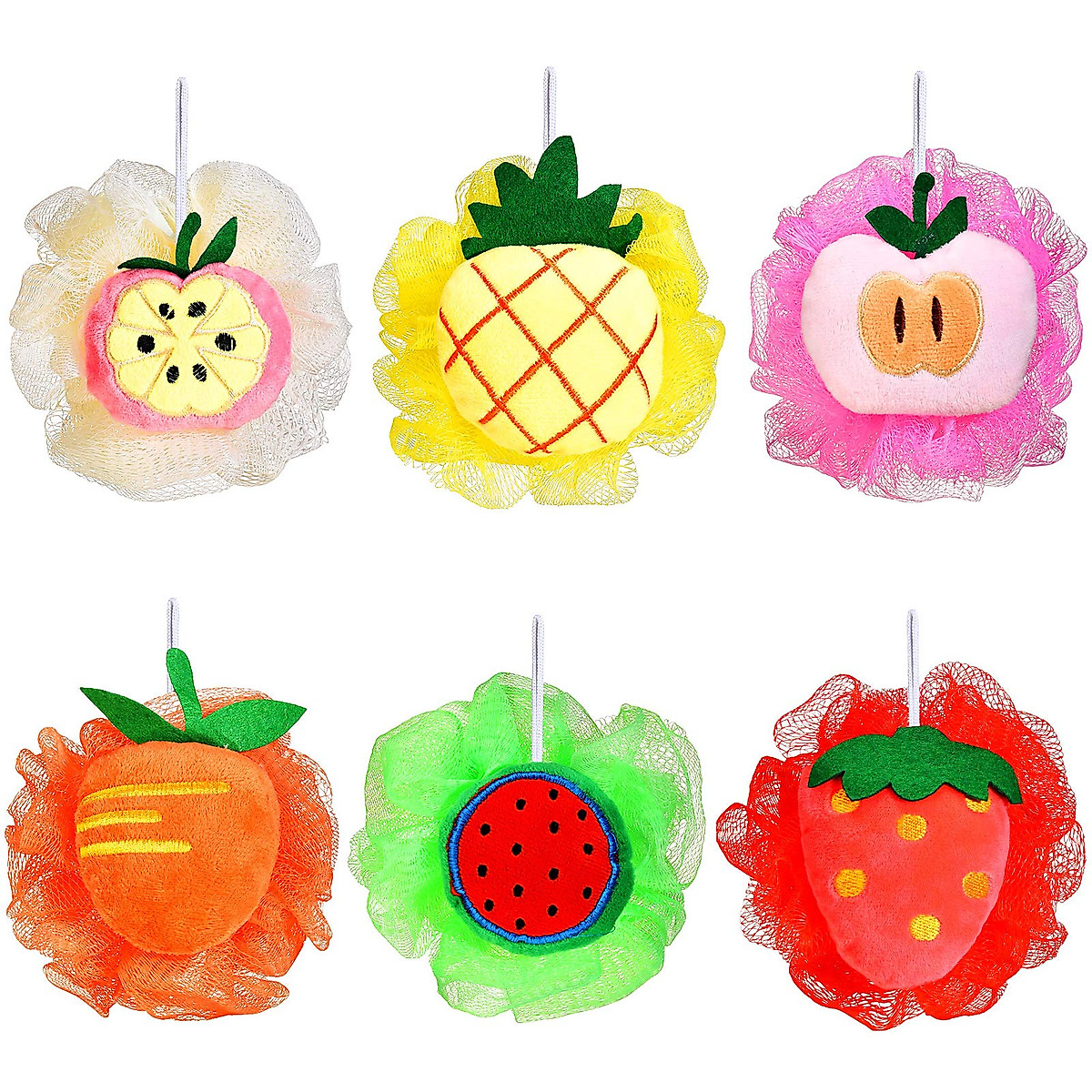 6 Pieces Cute Fruit Bath Shower Sponge Loofahs Mesh Pouf Shower Ball Colorful Cartoon Body Scrubber Balls Shower Mesh for Kids Adults