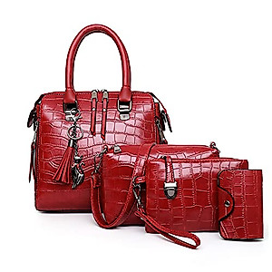 Women Fashion Handbags Wallet Tote Bag Shoulder Bag Top Handle Satchel Purse Set 4pcs (Red)