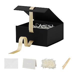 BoxSkivra Black Gift Box with Ribbon 1 Pack 6X6X3 Inch Small Gift Box with Lid Magnetic Closure Rectangle Collapsible Luxury Gift Box Shredded Paper Filler & Card