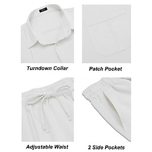 COOFANDY Mens Linen Yoga Outfits Casual Button Down Shirts with Pocket and Loose Pants All White Outfits for Men