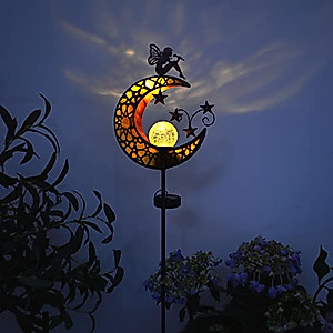 Cubular Moon Fairy Solar Garden Decor Lights,Crackle Glass Ball Pathway Stake Lights, Walkway Yard Lawn Patio Courtyard Decor Garden Outdoor Decorative Lights,Fairy Garden Decor (Moon Fairy)