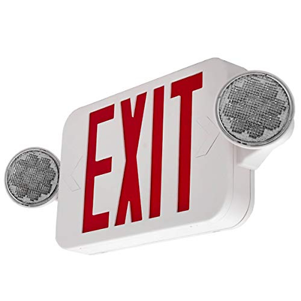 LFI Lights | Combo Red Exit Sign with Emergency Lights | White Housing | All LED | Two Adjustable Round Heads | Hardwired with Battery Backup | UL Listed | (1 Pack) | COMBOJR2-R