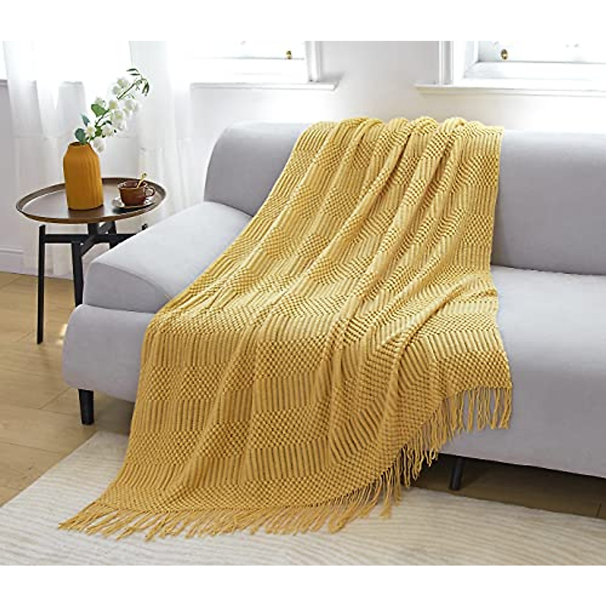 FSLEAD Mustard Throw Blanket for Couch 50 x 60 inches - Knit Woven Summer Blankets, Cozy Lightweight Decorative Throw for Sofa, Bed and Living Room - All Seasons Suitable for Women, Men and Kids