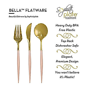 Sophistiplate Bella Flatware Cutlery Set for 12 | Fork, Spoons & Knives Silverware Utensil Set | Reusable Dinnerware Sets Plastic & Top Rack Dishwasher Safe | Gold with Blush Handle 36 Count