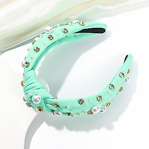 JILIYUPA Pearl Rhinestone Tweed Headband, Green and Yellow, Sparkle Luxury Vintage Embellished Hairband for Women and Girls, 2 Count