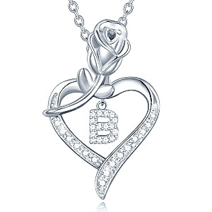 AGVANA Sterling Silver Initial Necklaces for Her Rose Flower Heart Letter B Pendant Initial Necklace Jewelry Anniversary Birthday Gifts for Women Mom Wife