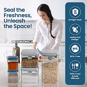 baiqiusi Airtight Food Storage Pop Containers 5Pcs Set - Leakproof, 100% Food Grade Silicone, BPA Free with 2.43qt*1, 1.05qt*2, 0.34qt*2, Plus Holder, Scoop, Scraper (5 Pcs Set, 5.21 Quarts)