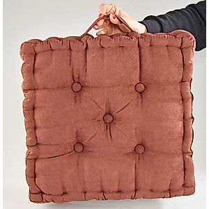 Home-X Tufted Booster Cushion, Thick Square Seat Pad with Carrying Handle – Brown 15” L x 15” W x 3 ½” H