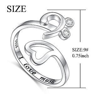 I Love Music Ring 925 Sterling Silver Cubic Zirconia Musical Note Heart Charm Adjustable Open Ring Gift for Women Music Lover, 9