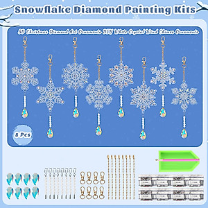 UPINS Snowflake Diamond Art Painting Kits, 8 Pcs 5D Christmas Diamond Art Ornaments DIY White Crystal Wind Chimes Ornaments for Christmas Tree Hanging Decor