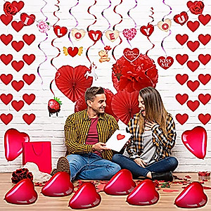 37 Pcs Valentines Day Decoration Kit, Heart Shaped Banner, 2 Tissue Fans, 2 Tissue Poms, 6 Heart String Decorations, 15 Foil Cutouts Swirls, 10 Heart Balloons and 1000 Rose Petals for Wedding Party