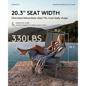 SERWALL Modern Folding Adirondack Chair，Oversized Folding Adirondack Chair with Curved Backrest, HDPE Outdoor Adirondack Chair, Gray