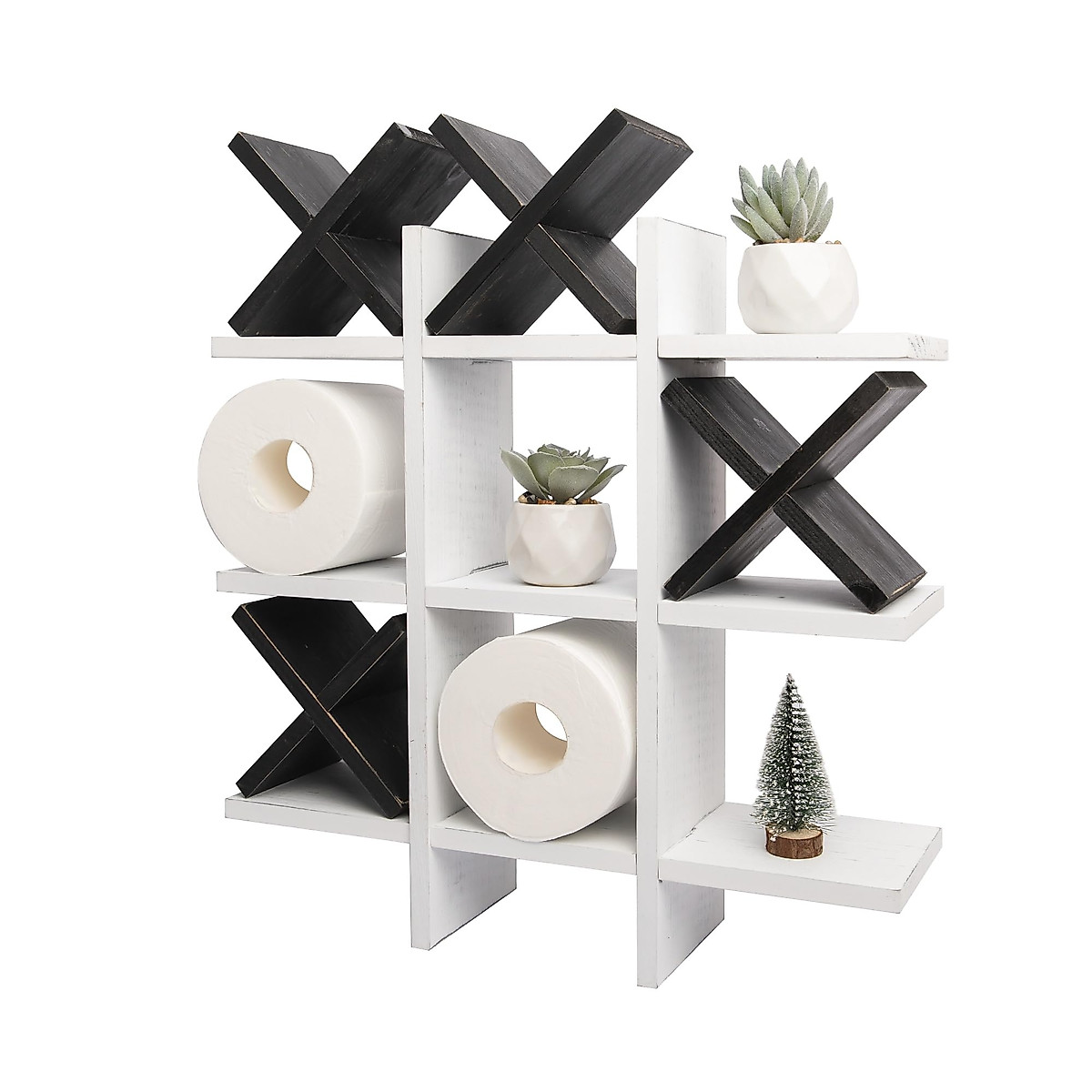 GENMOUS Handmade Tic Tac Toe Toilet Paper Holder For Black and White Bathroom Decor, Funny Wall Mounted Free Standing Toilet Tissue Paper Storage For Kids Guest Restroom Farmhouse Bathroom Decor White