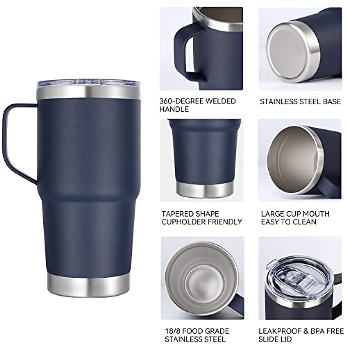 Abbrevi 20 oz Stainless Steel Tumbler with Handle Metal Insulated Coffee Travel Mug with Handle Double Wall Tumbler Cup with Handle and Lid, Navy Blue 1 Pack