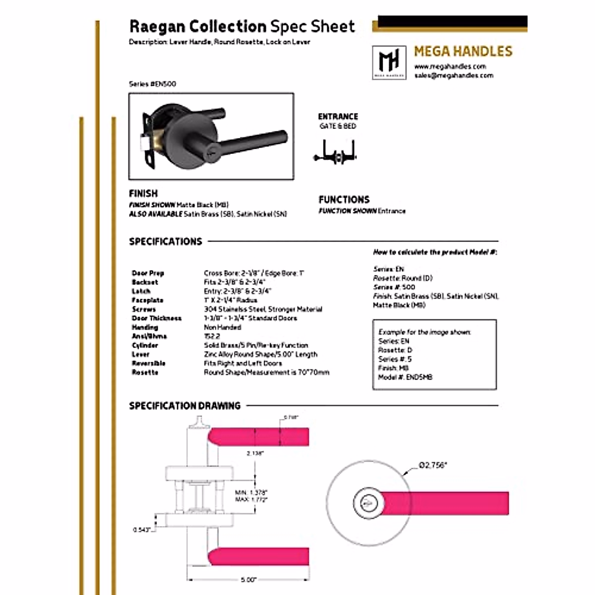 Mega Handles Entrance Handle I Entry Lever Door Handle - Heavy Duty Square Locking Lever Set for Left or Right-Handed Doors - Interior/Exterior Door Levers - Satin Brass