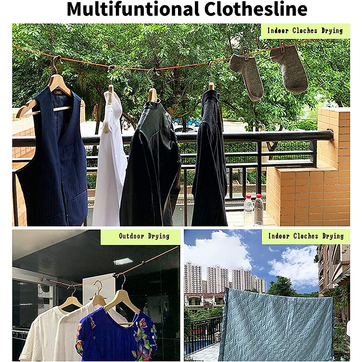 Qihengzhijia Portable Travel Clothesline,Adjustable 32FT/10M Camping Clothesline Clothes Drying Line Rope,Clothesline for Outdoor/Indoor,Laundry,20pcs Windproof Clothespins &12pcs Stoppers