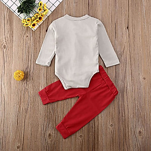 Bowanadacles Newborn infant baby boy clothes my 1st valentine day 3Pcs outfit long sleeve romper onesie heart pants (White+Gray+Red, 6-12 months)