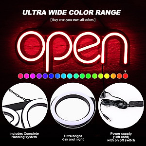 TZEXTZE Open LED Signs for Business,RGB Color Changing Neon Open Sign, 16x6 inches Open Window Sign with Remote Control & 12V Power Adapter for Storefront/Business Window
