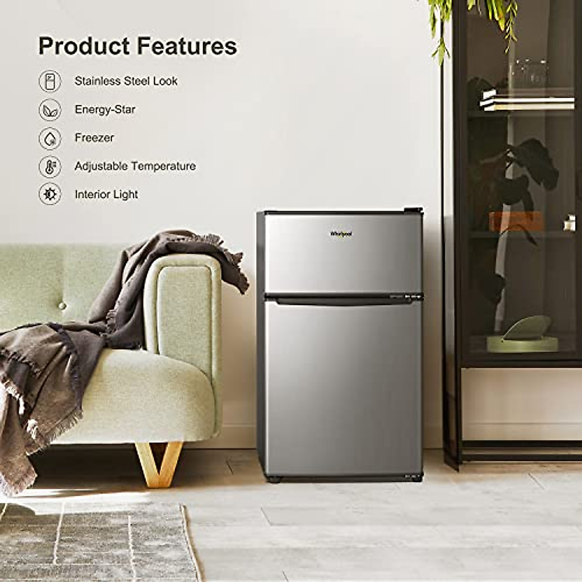 Whirlpool WHR31TS4E 3.1 Cu. Ft. Compact Refrigerator Dual Door Fridge, Adjustable Mechanical Thermostat with True Freezer, Stainless Steel Look
