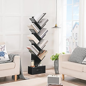 MAHANCRIS Tree Bookshelf, 9-Tier Bookshelf with Drawer, Wooden Book Storage Rack, Floor Standing Bookcase, Utility Organizer Shelves for CDs/Books/Movies, for Living Room, Home Office, Black BKB7101