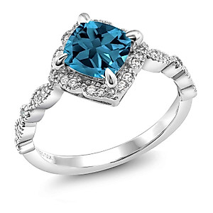 Gem Stone King 925 Sterling Silver London Blue Topaz and Moissanite Solitaire Engagement Ring For Women | 2.19 Cttw | Cushion Cut 7MM | Gemstone Birthstone | Available in Size 5, 6, 7, 8, 9