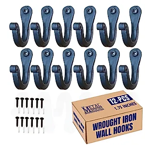 The Metal Magician Single Prong Wrought Iron Hooks, Vintage Hand Forged Iron Classic Hook Set – Rustic Curved Metal Fasteners – Decorative Colonial Wall Décor (Set of 12 Nail Hook 1")