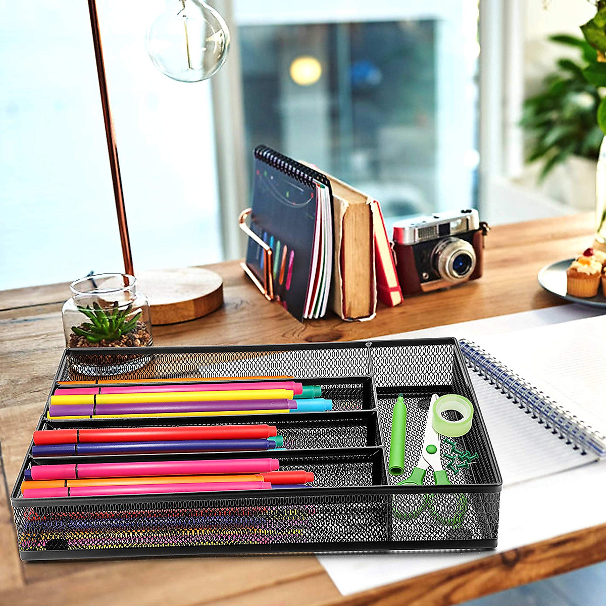 LIANYU Silverware Utensil Drawer Organizer, 5 Compartments Steel Mesh Cutlery Flatware Tray with Foam Feet, 9 1/4" W x 12 1/2" L x 2" H, Black