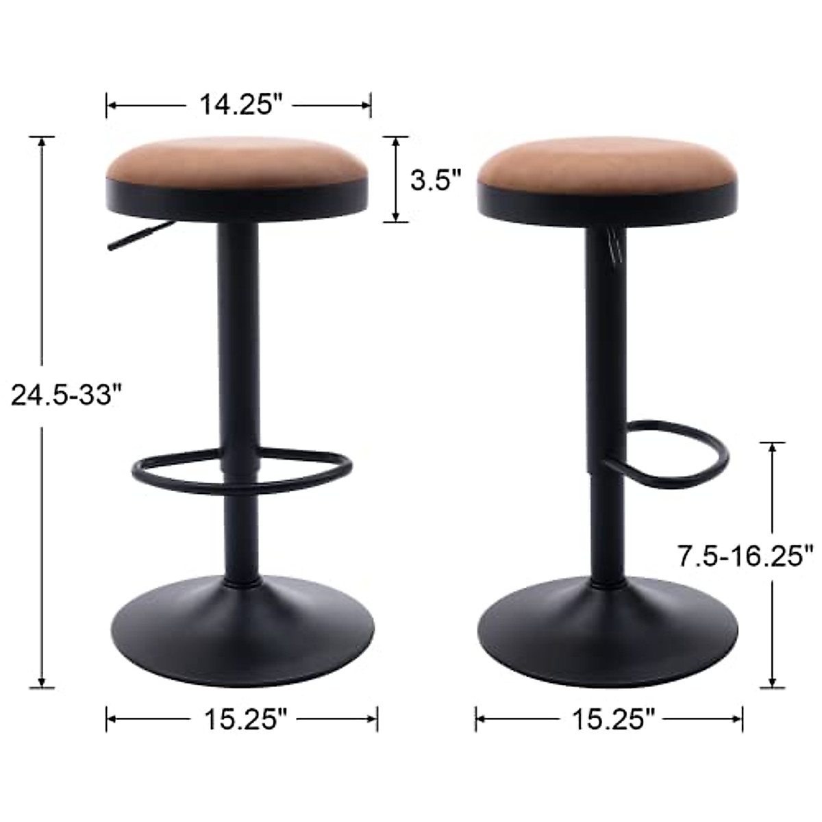 EALSON Modern Swivel Bar Stools Set of 2 Adjustable Counter Height Backless Barstools with Metal Base Leather Upholstered Round Bar Stool Chairs for Kitchen Island/Pub/Breakfast Bar, Brown