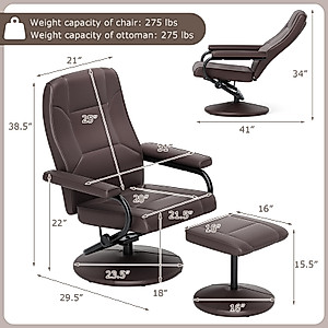 Giantex Recliner Chair with Ottoman, 360° Swivel Faux Leather Reclining Chair w/Adjustable Backrest, Footrest, Sturdy Metal Base, Upholstered Armchair for Living Room Bedroom Study, Office, Brown