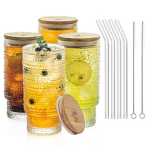 Romantic Highball Drinking Glasses Set of 4, Beaded Glassware, 16oz XL Hobnail Glassware, Vintage Glassware Set, Embossed Vintage Drinking Glasses for Beer, Cocktail, Soda, Beverage (16oz with lid)