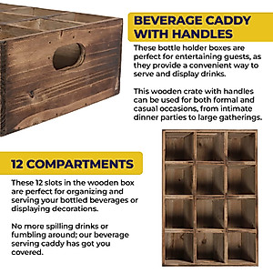 DFW Consumables - Farmhouse Wooden Crates for Display, 13" x 10" Wooden Bottle Caddy with 12 Individual Slots, Decorative Boxes with Carrying Handles