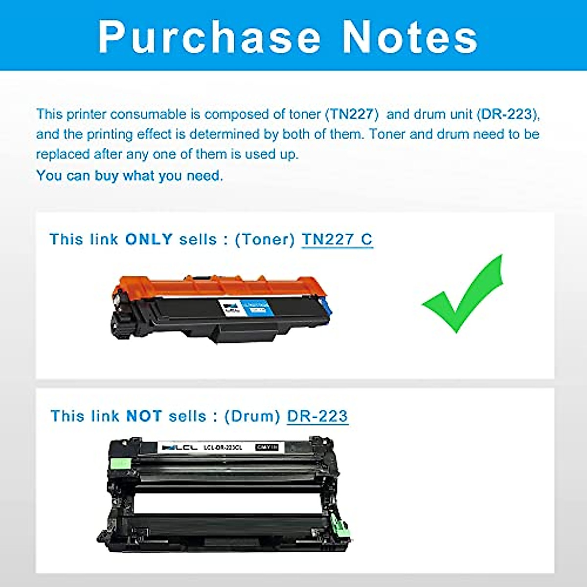 LCL Compatible Toner Cartridge Replacement for Brother TN227 TN223 TN-227 TN-223 TN227C TN223C TN-227C 2300 Pages HL-L3210CW HL-L3230CDW HL-L3270CDW HL-L3290CDW MFC-L3710CW MFC-L3750CDW (1-Pack Cyan)