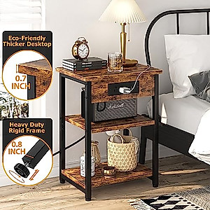 End Tables Set of 2 with Charging Station and USB Ports, 3-Tier Narrow Side Table Bedside Table with Power Outlets for Small Space Living Room Bedroom, Nightstands with Storage Shelves, Rustic Brown