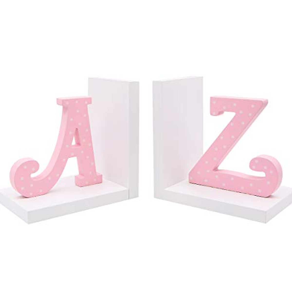 Apol Creative Pink and White Dots A-Z Letter Wood Bookends Book Ends Book Organizers Bookshelf for Kids Study Gift School Office Library Home Desk Decoration