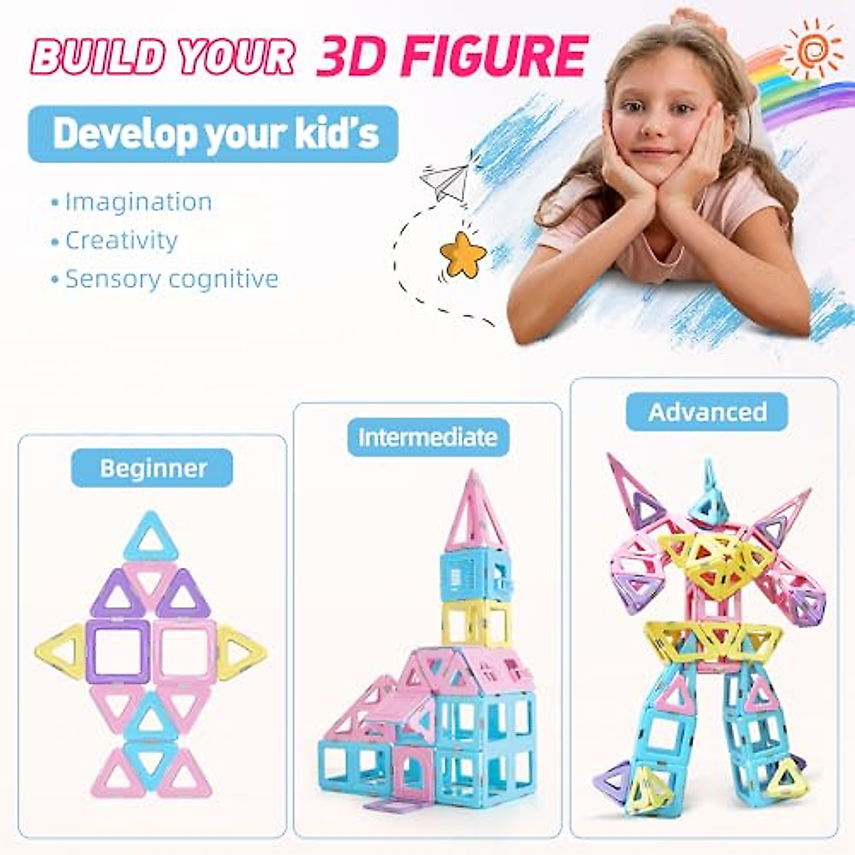 MAGBLOCK Magnetic Building Blocks Set, Upgraded Magnetic Tiles Toys for 3 4 5 6 7 8+ Year Old Girls, 103pcs Magnet Toys for Toddlers Boys and Girls 3-5